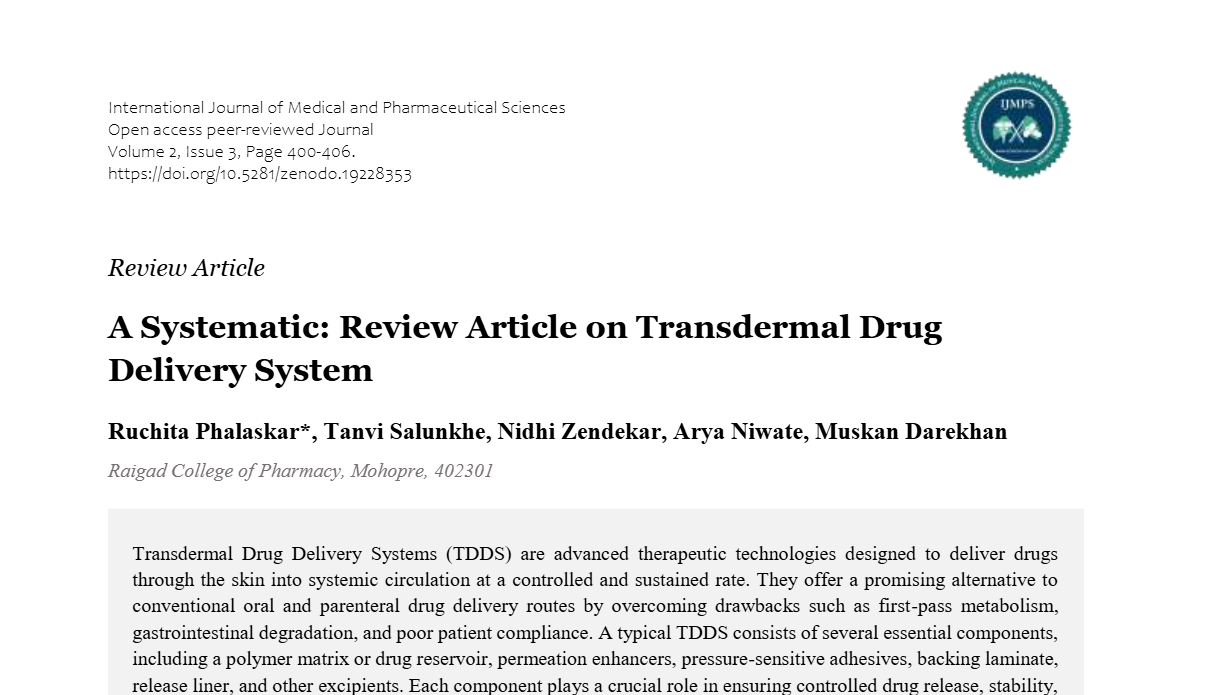 A Systematic: Review Article on Transdermal Drug Delivery System
